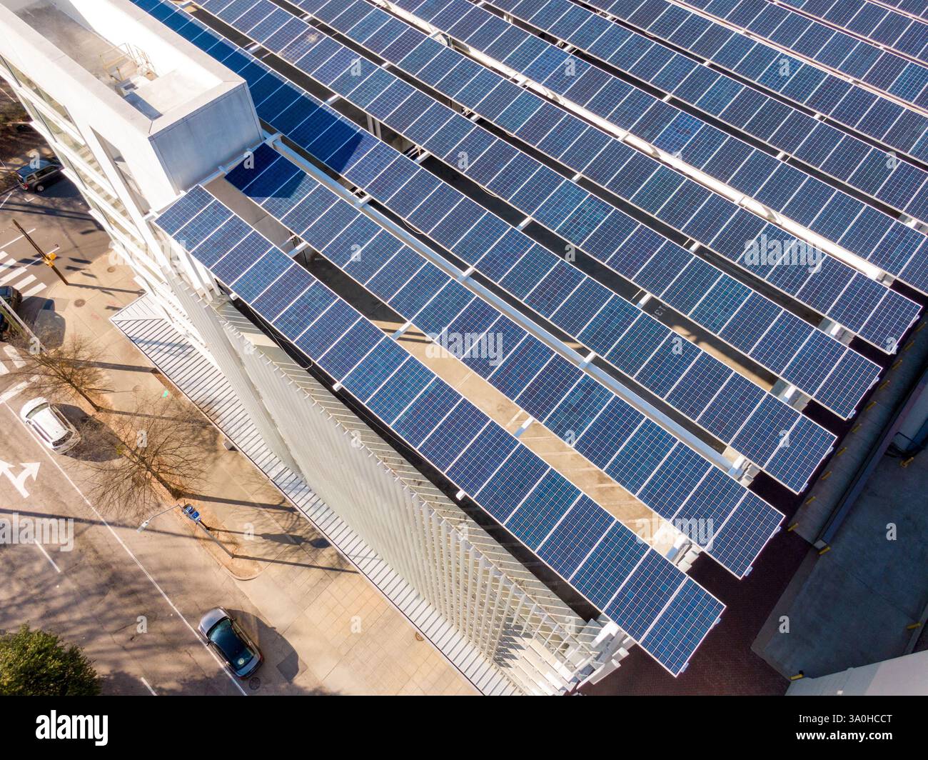 Sunny Daytime Drone Images Of Solar Panels On A Parking Deck In ...