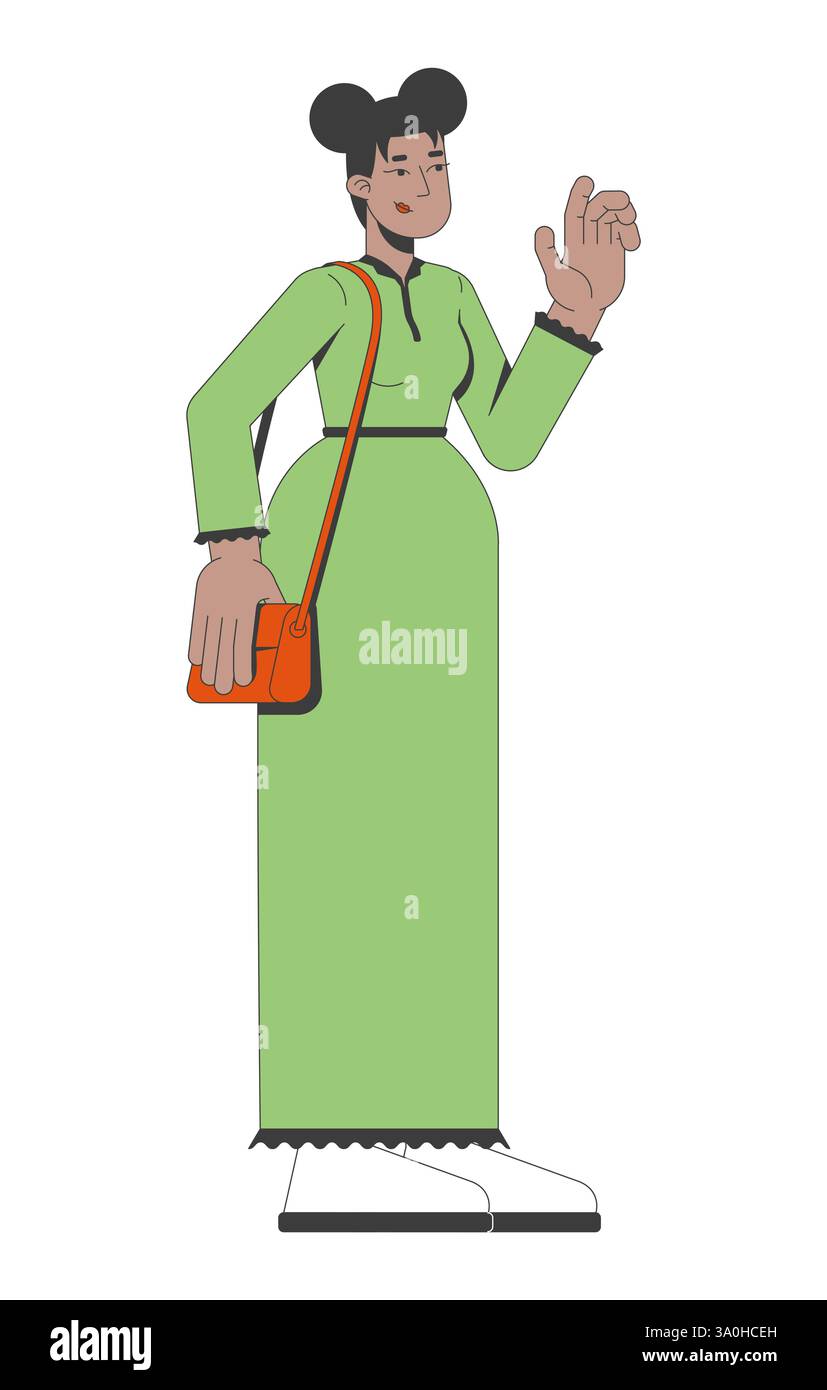 Modest black woman in long green dress with handbag waving hand 2D ...