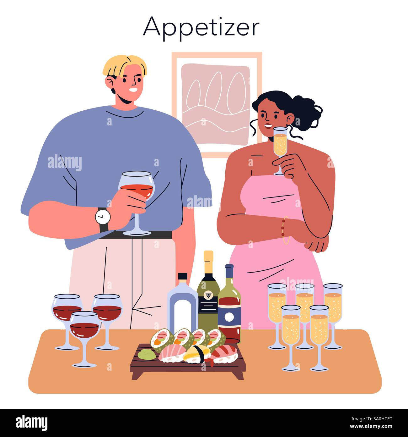 Social gathering illustration featuring two people enjoying drinks at a ...