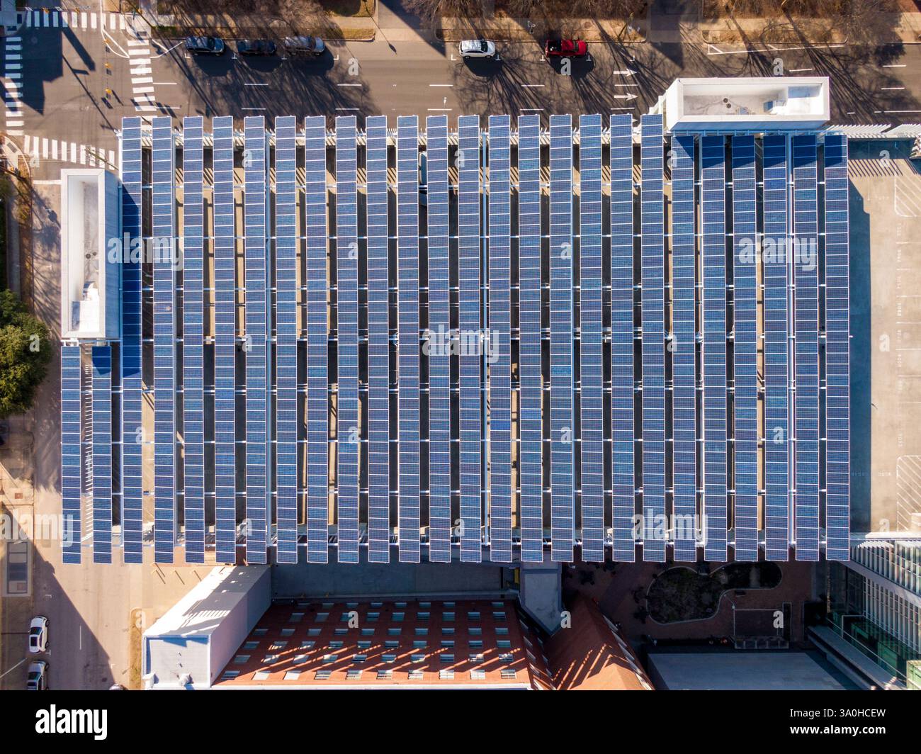 Sunny Daytime Drone Images Of Solar Panels On A Parking Deck In ...