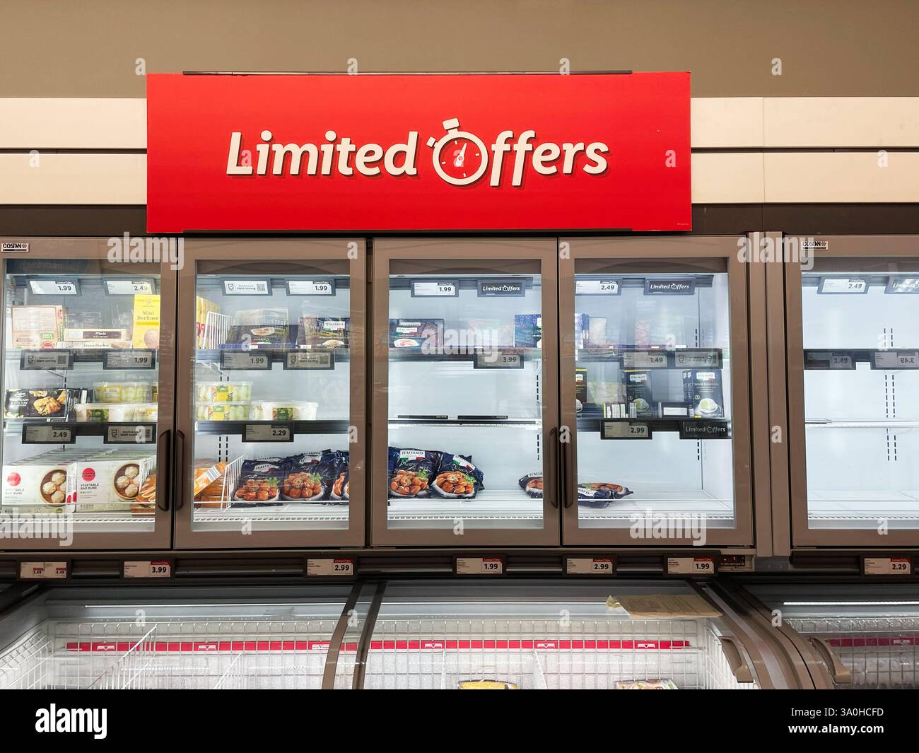 London, UK - March 02, 2025: Frozen foods under retail banners ...