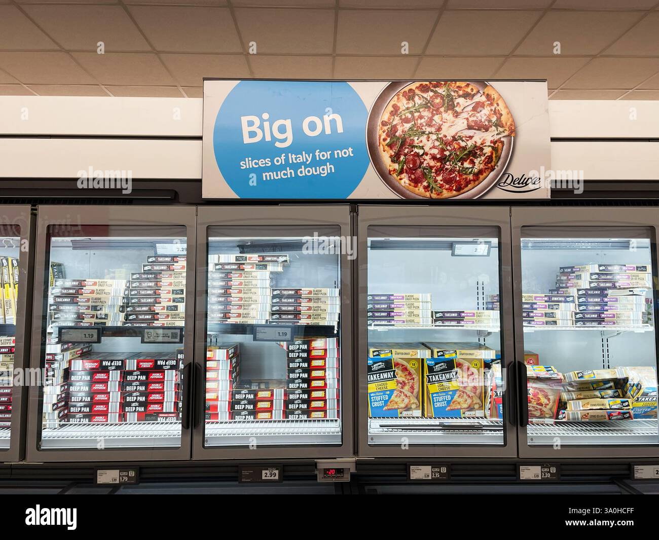 London, UK - March 02, 2025: Image displaying frozen pizzas in a store ...