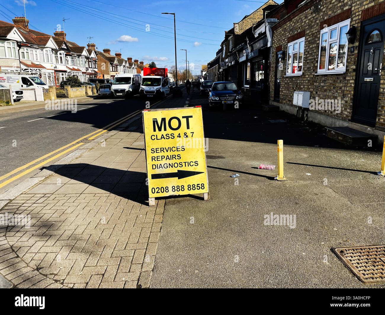London, UK - March 02, 2025: Signboard for vehicle MOT diagnostics and ...