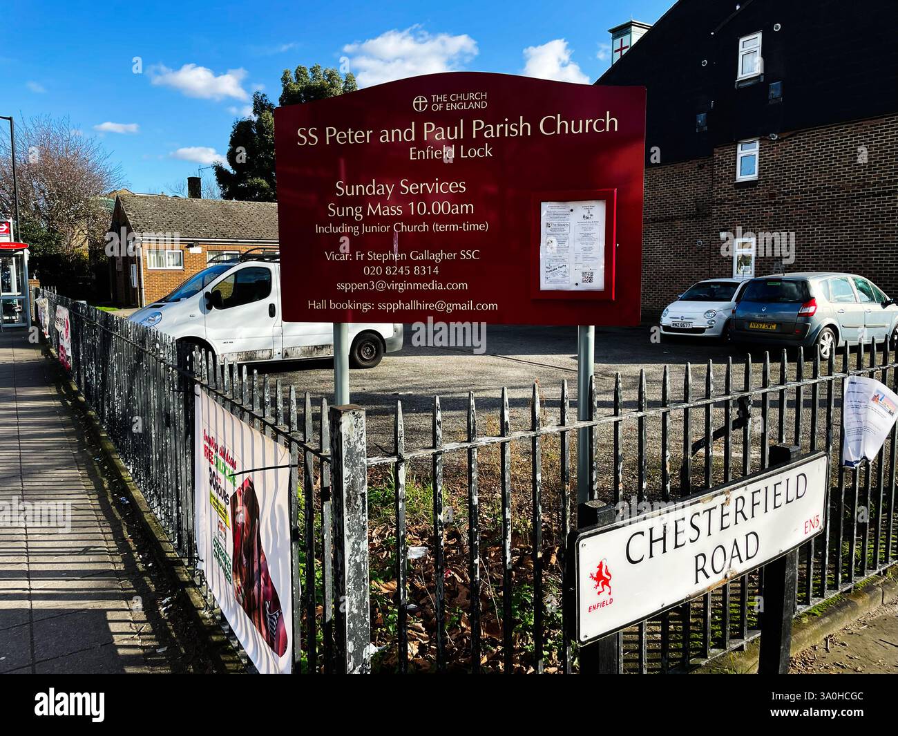 London, UK - March 02, 2025: Parish church sign with Sunday service ...