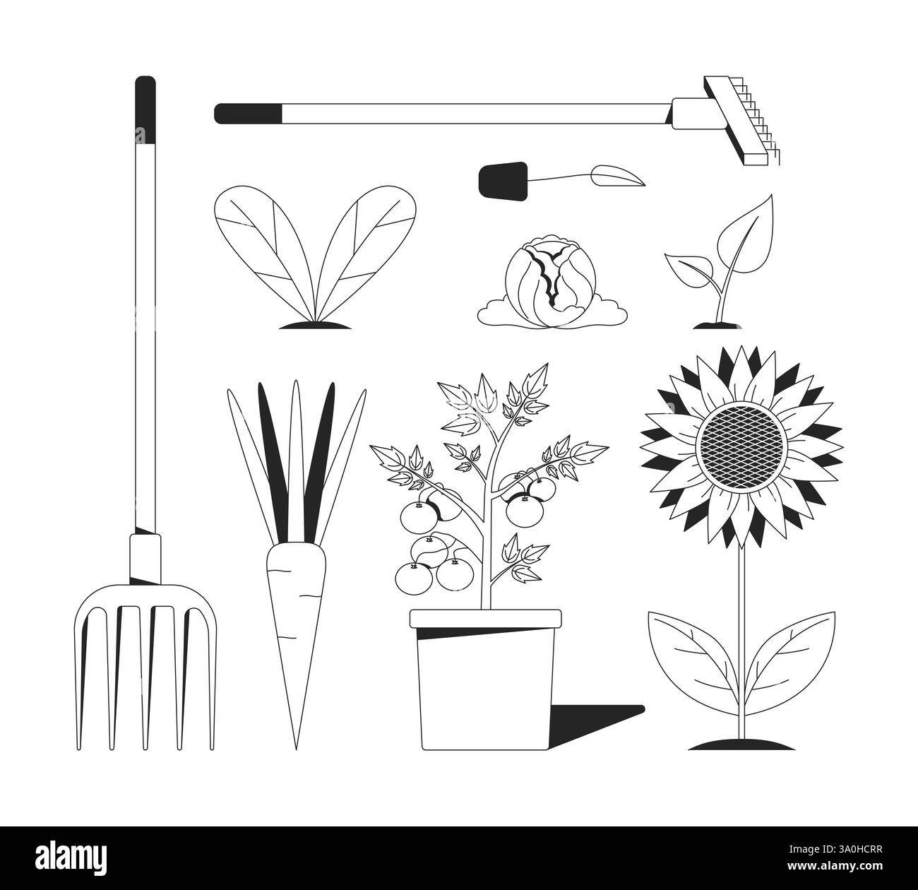 Gardening tools, vegetables and plants 2D line object Stock Vector ...