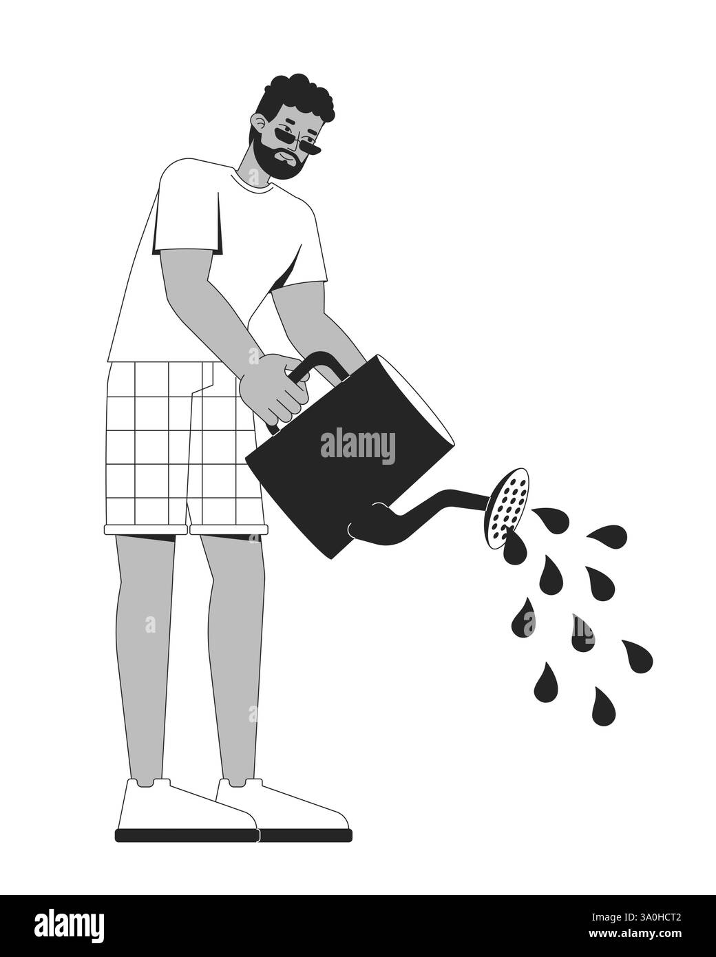 African american man irrigating plants with watering can 2D line ...