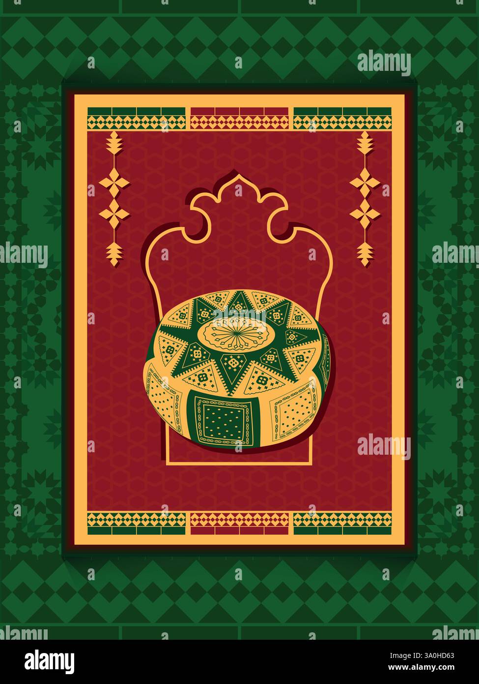 A collection of traditional artifacts, including a cushion, displayed ...