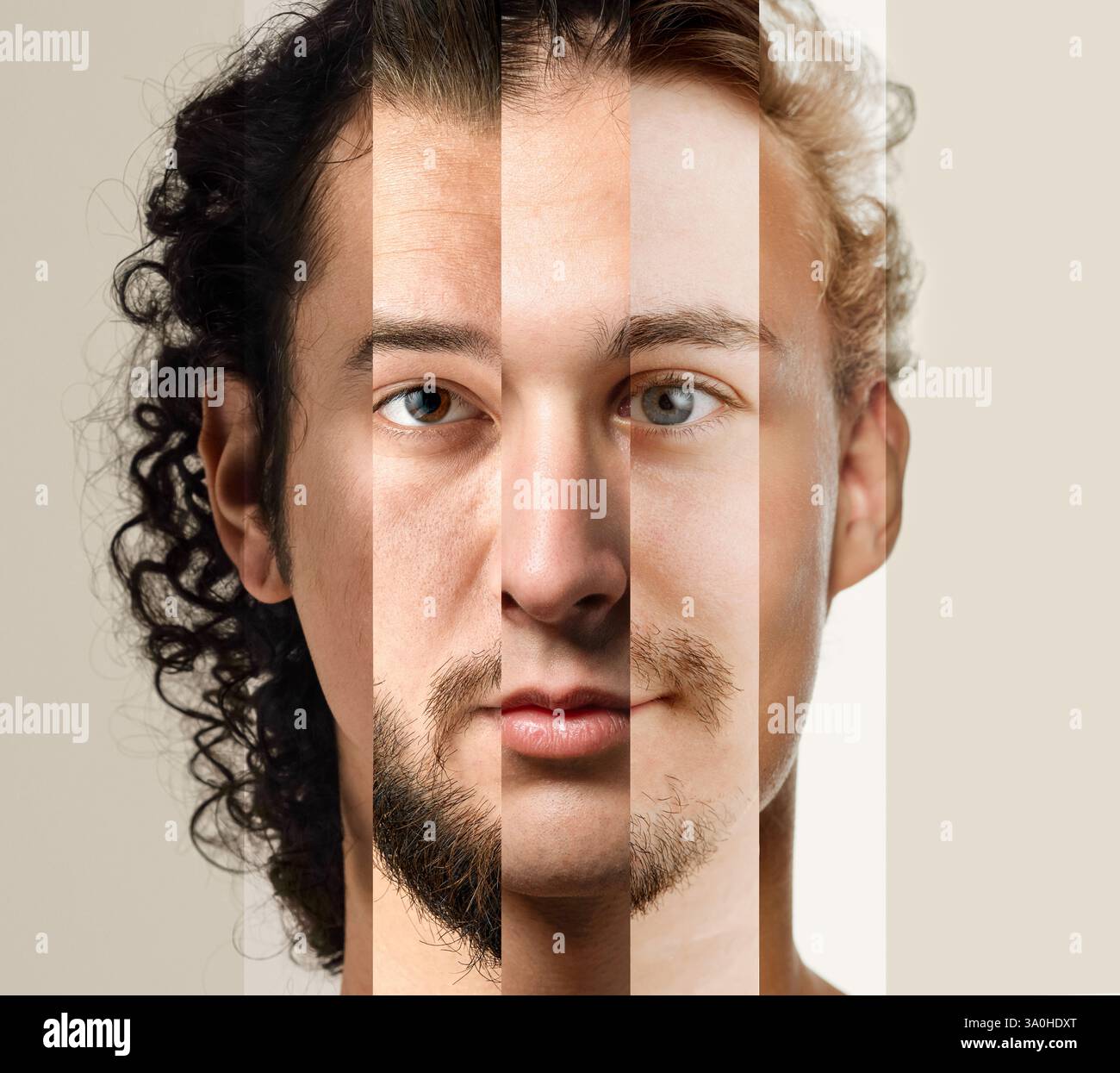 Collage. Multicultural male portrait merging various facial features ...