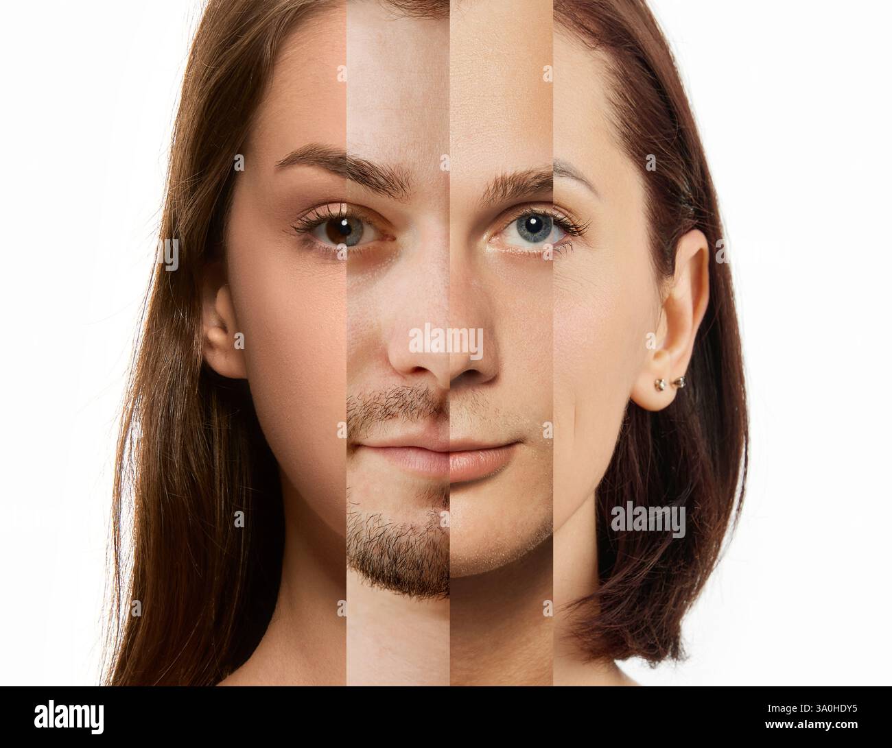 Collage. Fusion of male and female faces intertwining facial details ...