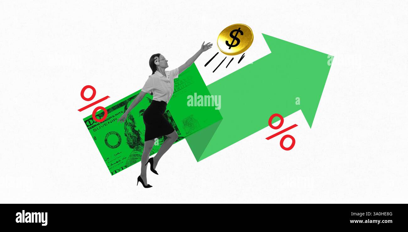 Businesswoman reaching for golden coin with financial symbols and green ...