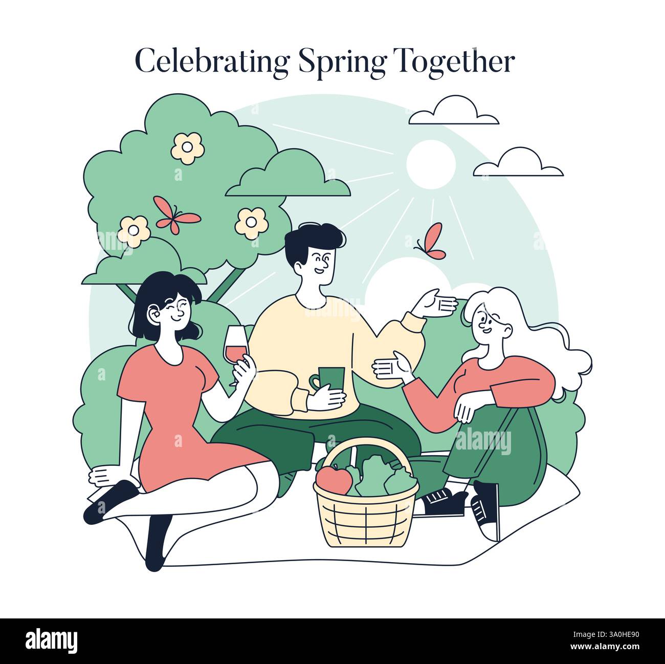 Early spring gathering among friends enjoying a picnic in nature with ...