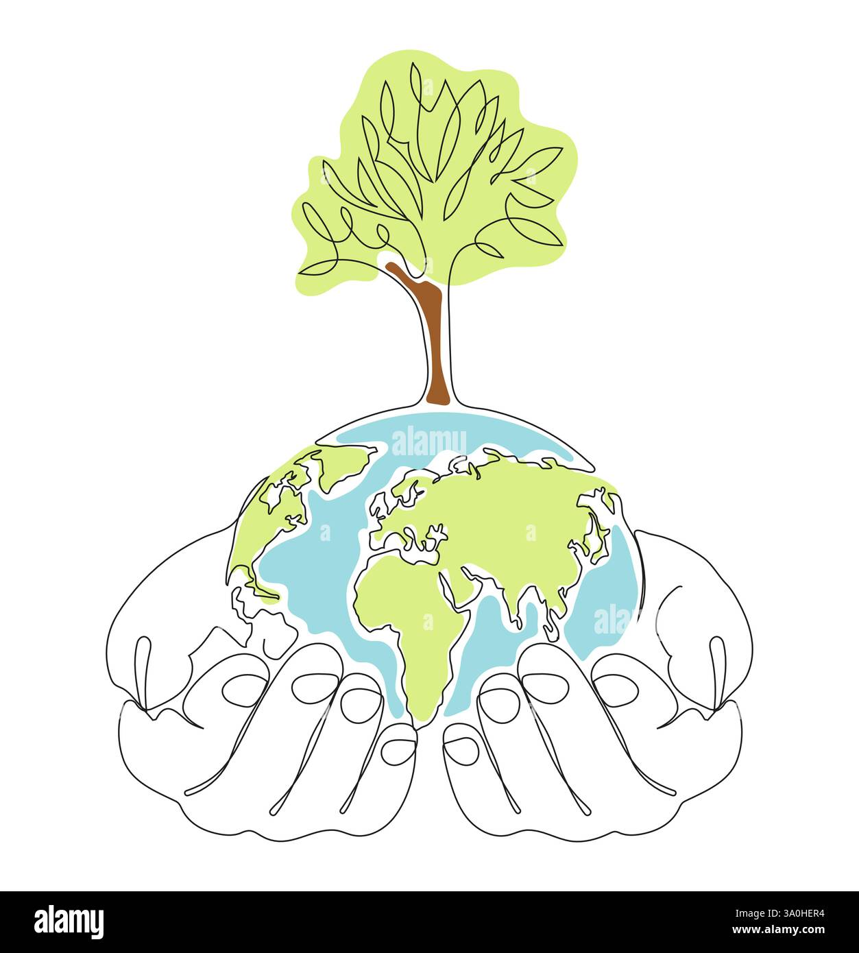 Minimalist continuous one line drawing of a hand holding the Earth with ...
