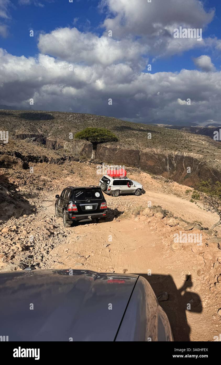 Adventurers navigate the rocky terrain of Socotra Island in four wheel ...