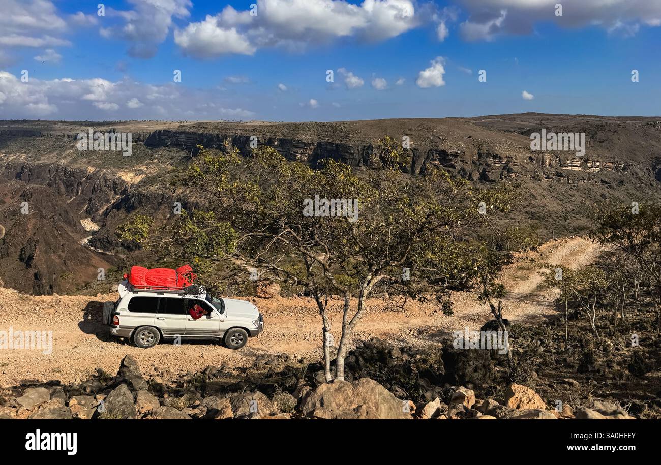 A four wheel drive vehicle navigates rocky terrain in Socotra ...