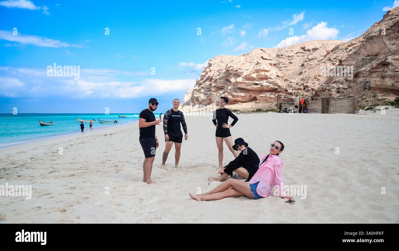 Tourists enjoy leisure time on the stunning beaches of Socotra ...