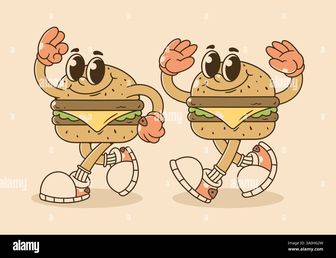 Full retro colors of two burger mascot character illustration with ...