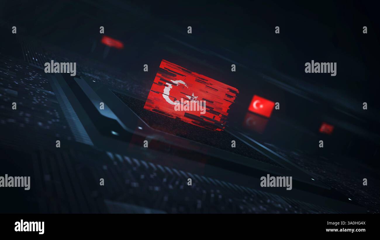 Turkey digital technology flag cyber on on computer CPU in background ...