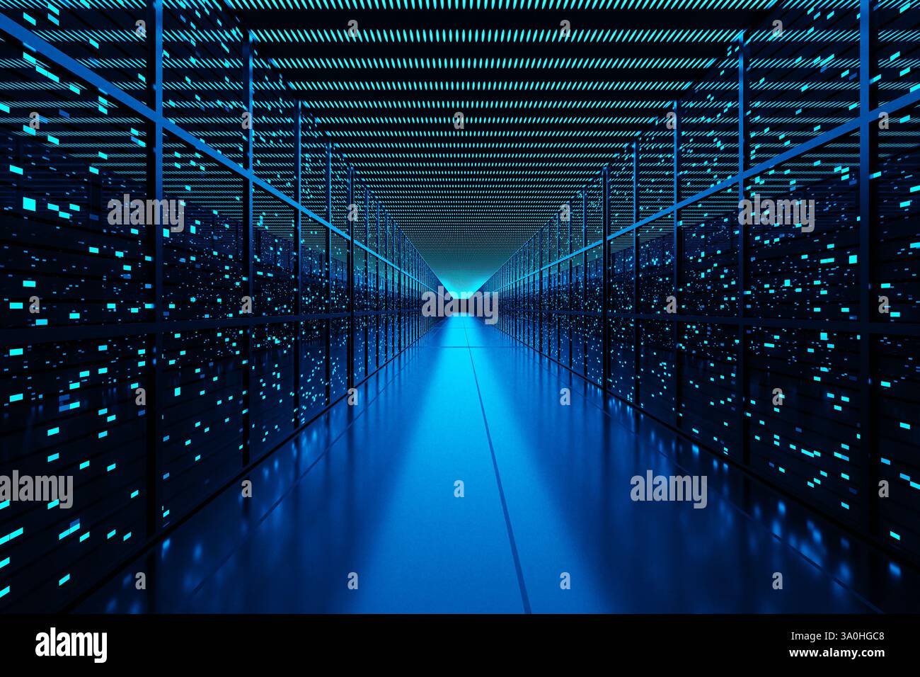 Server racks full of routers, switches and servers aligning on both ...