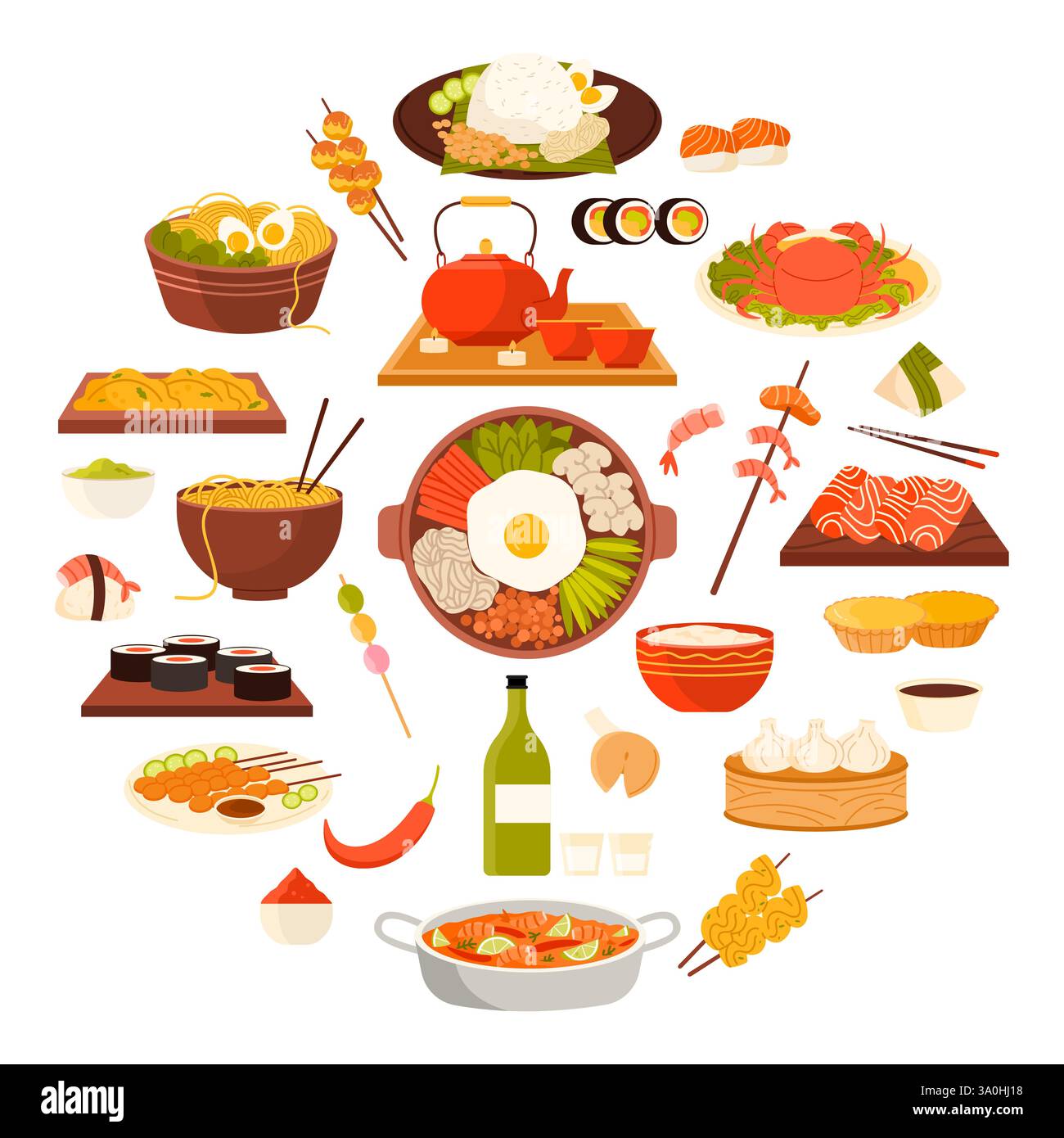 Asian food, meals of Japanese and Chinese, Thai and Korean, Malaysian ...