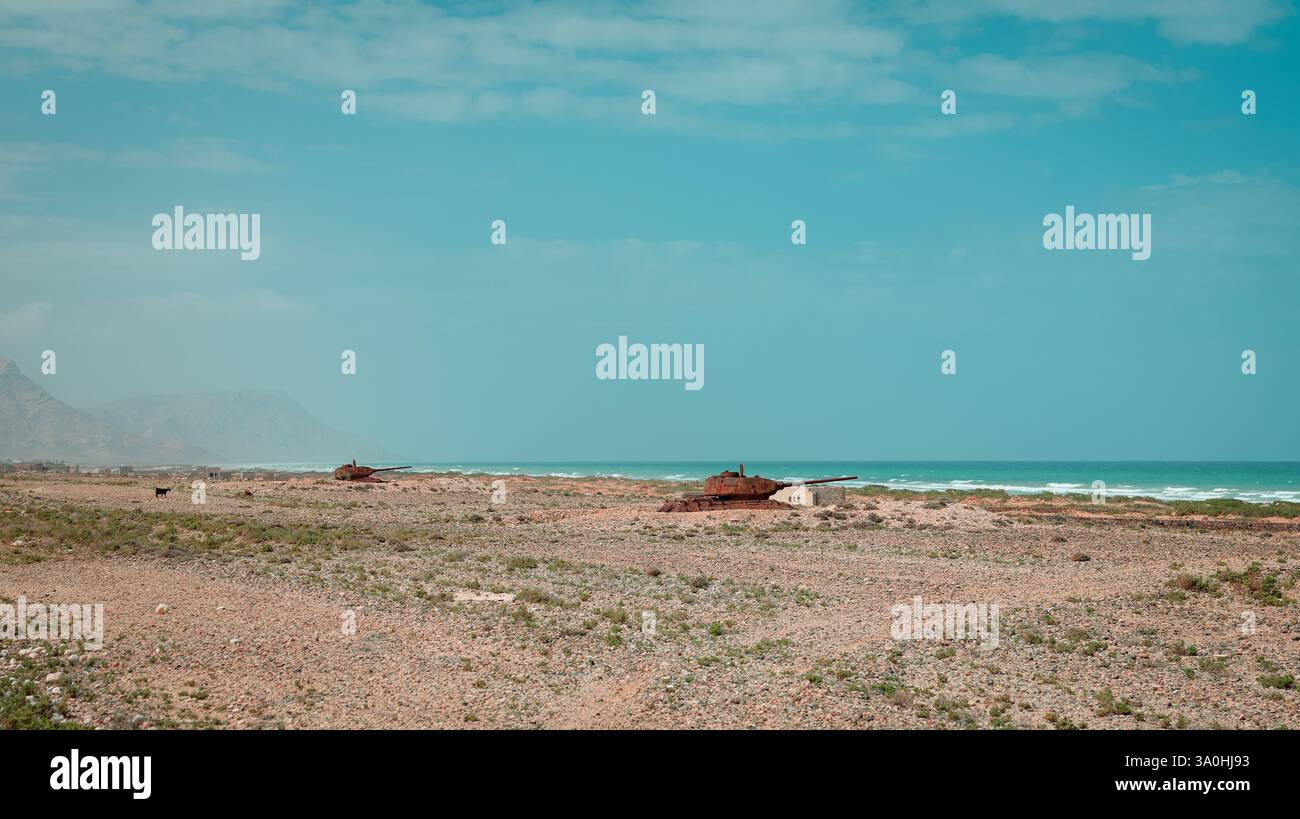Rusting tanks lay abandoned near the coastline of Socotra Island ...