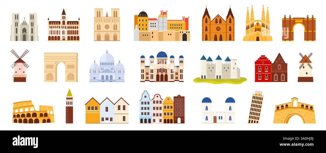 Collection of architectural landmarks and iconic structures in a flat ...