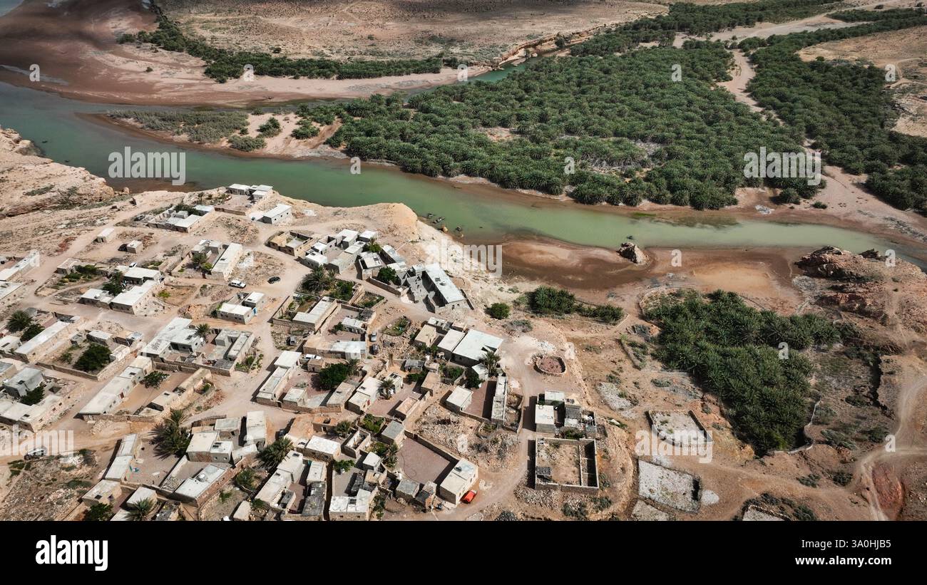 An aerial view captures the unique landscape of Socotra, showcasing a ...