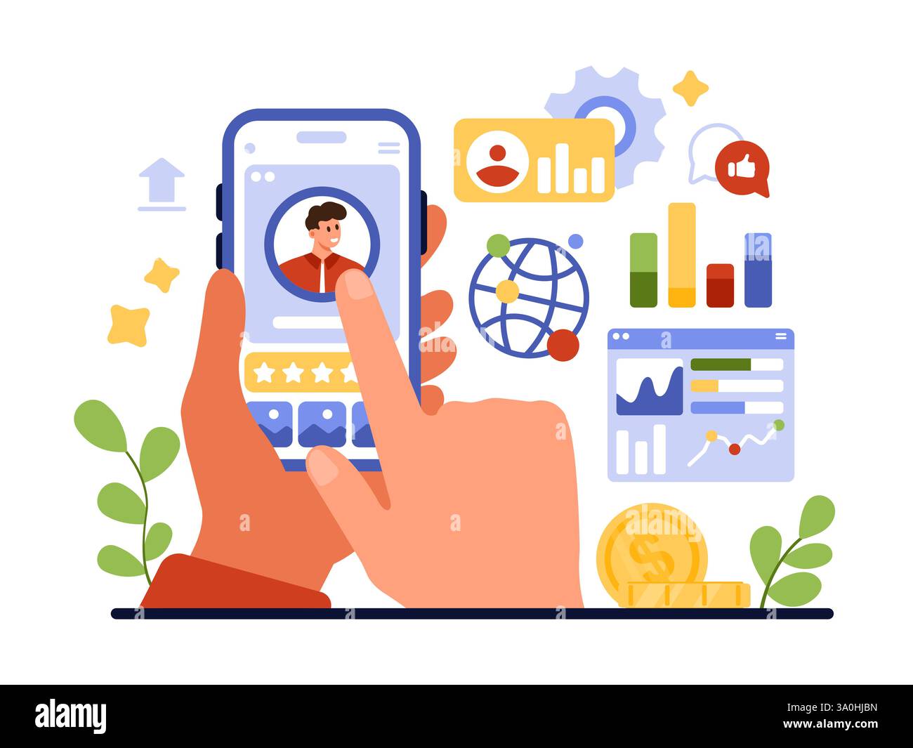 Social media analytics, CRM system. Hand of user holding smartphone for ...