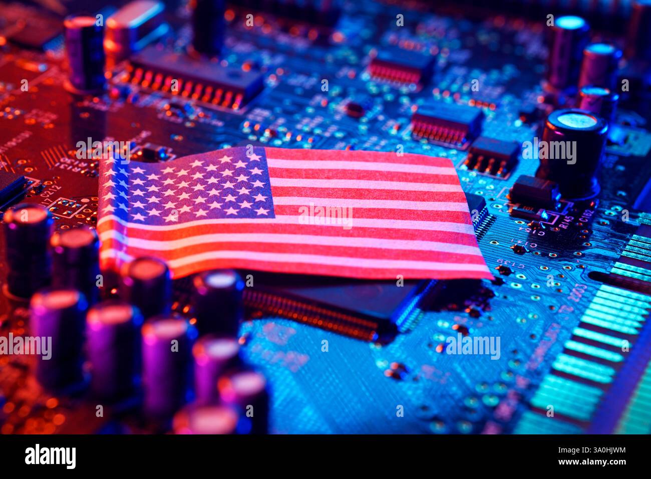 Computerchip mit Fahne der USA *** Computer chip with USA flag Stock ...