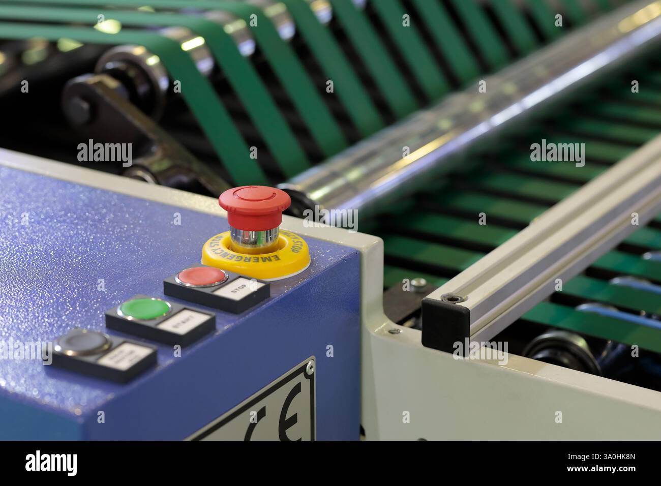 Control panel of the conveyor with several narrow belts run side by ...