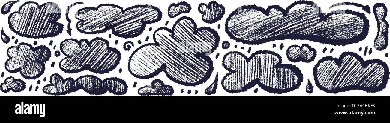 Abstract round sketch cloud, rain drops. Chalk vector collection ...