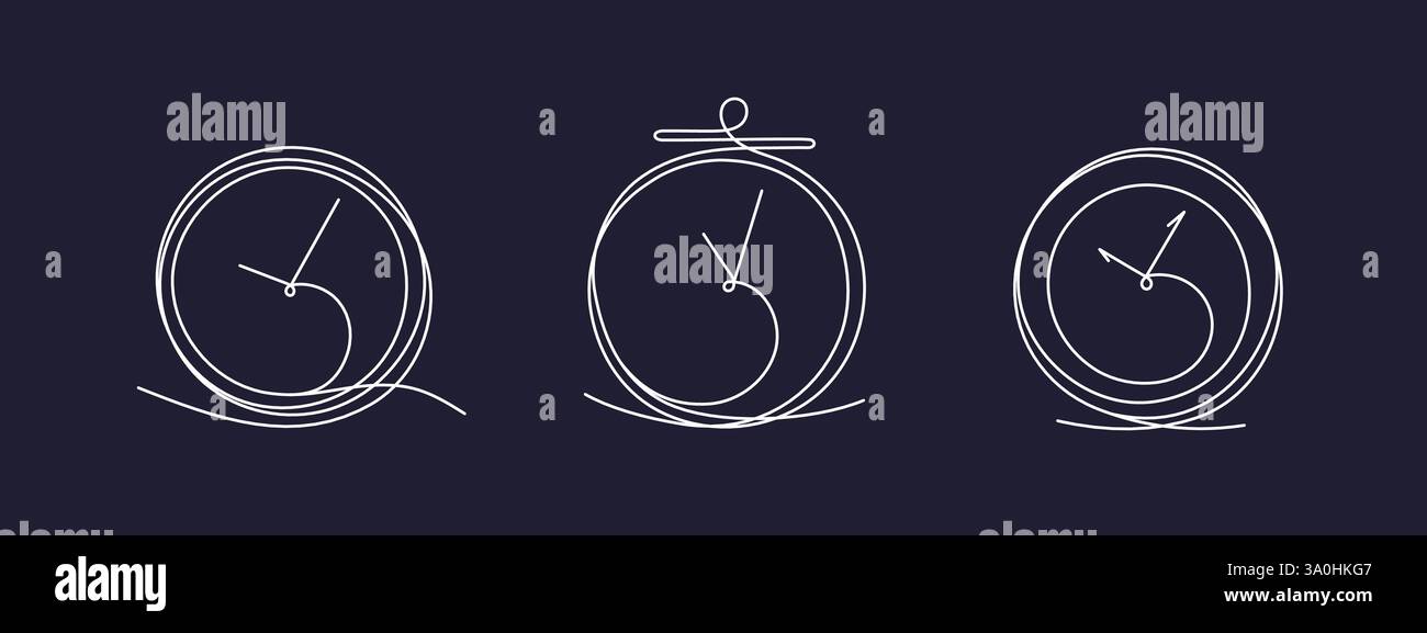 Clock drawn collection. One line continuous symbol. Chronometer outline ...