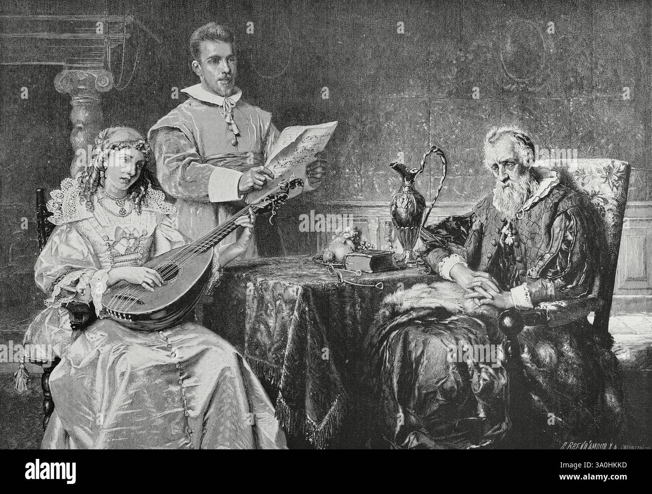 De muziekles (The music lesson). Engraving by Brend'amour (1831-1915 ...