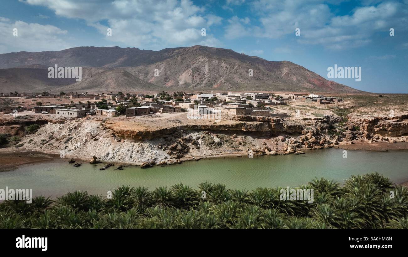 The unique landscape of Socotra Island with mountains, a river, and ...