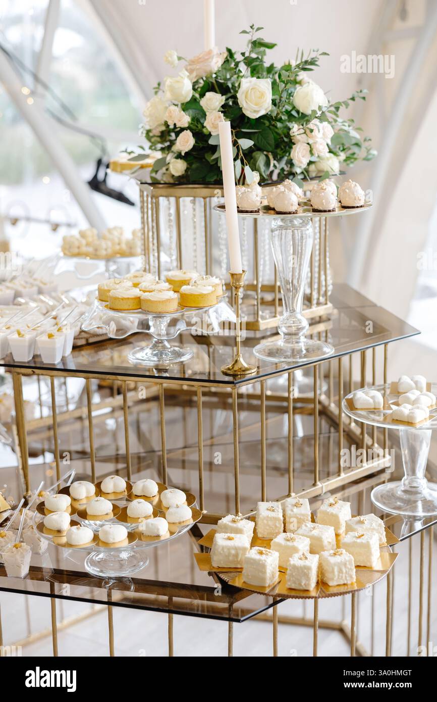 Catering service preparing a table for a wedding reception, putting ...
