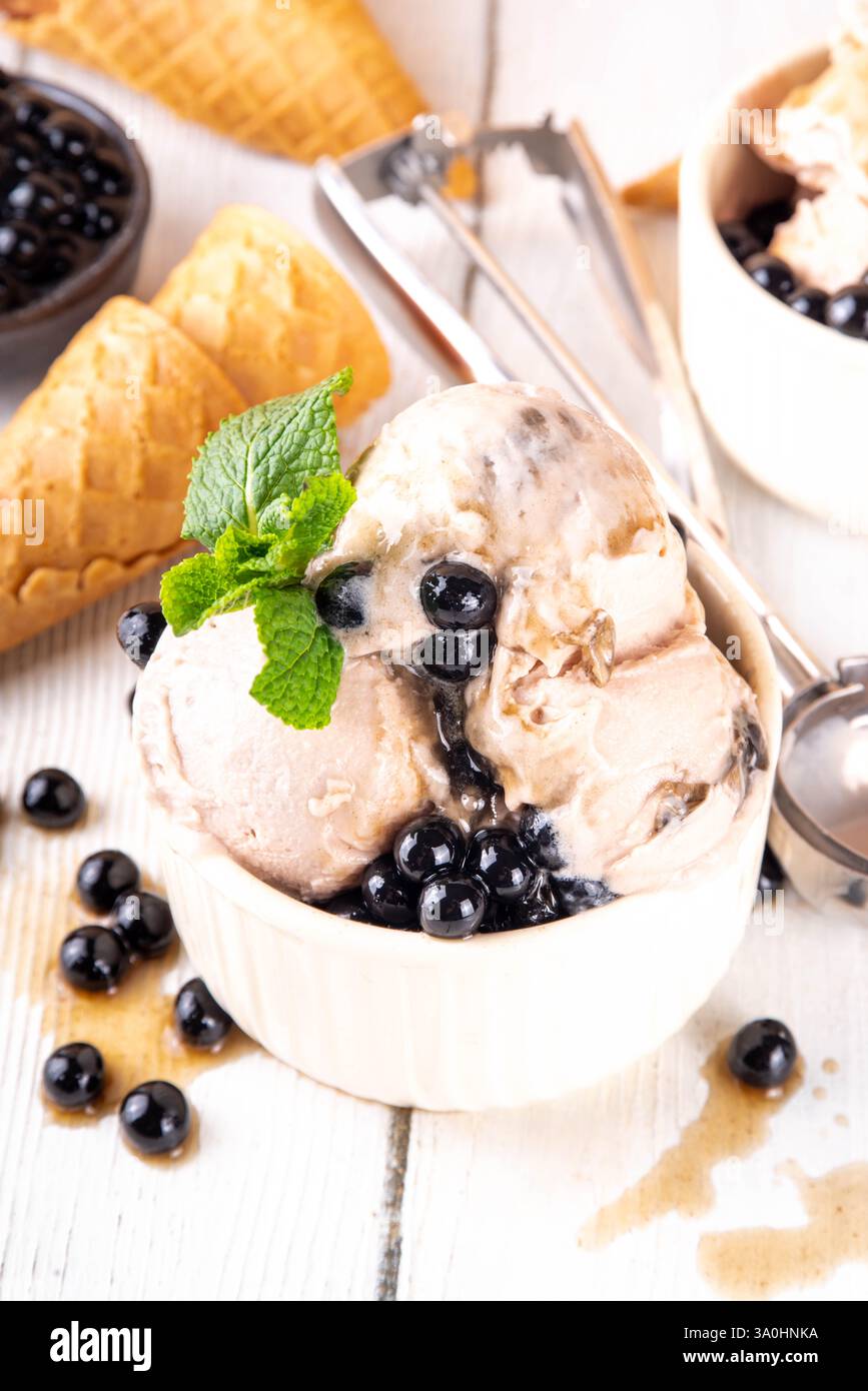 Bubble milk tea ice cream, sweet taiwanese asian style milky tea with ...