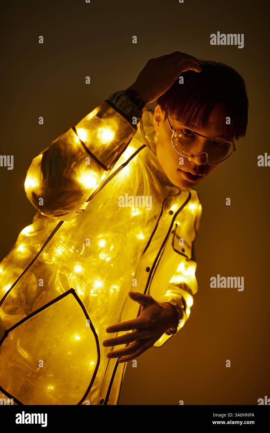 Young individual radiating charisma in a glowing outfit, creating a ...