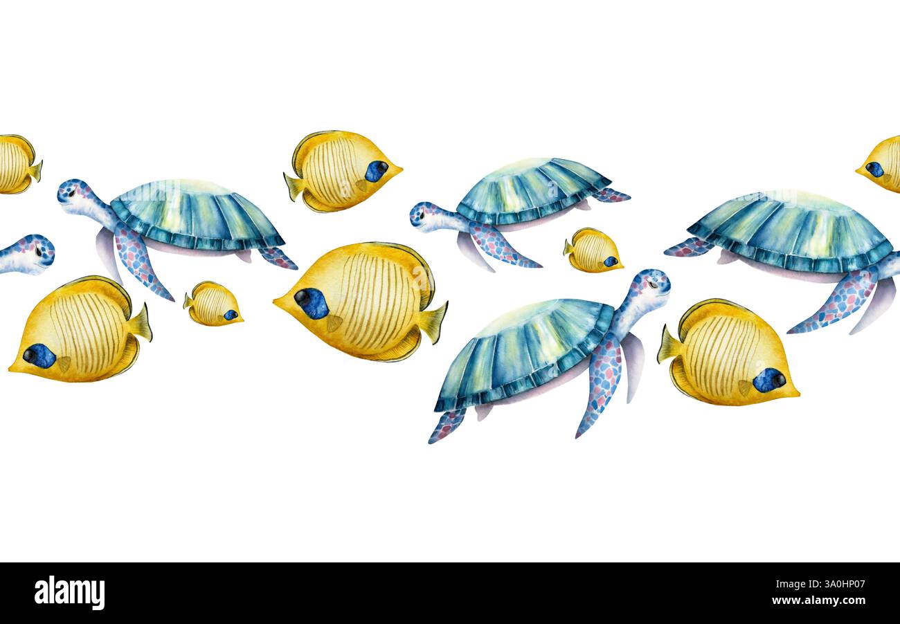 Butterflyfish and sea turtle seamless border, banner.. Colorful ...