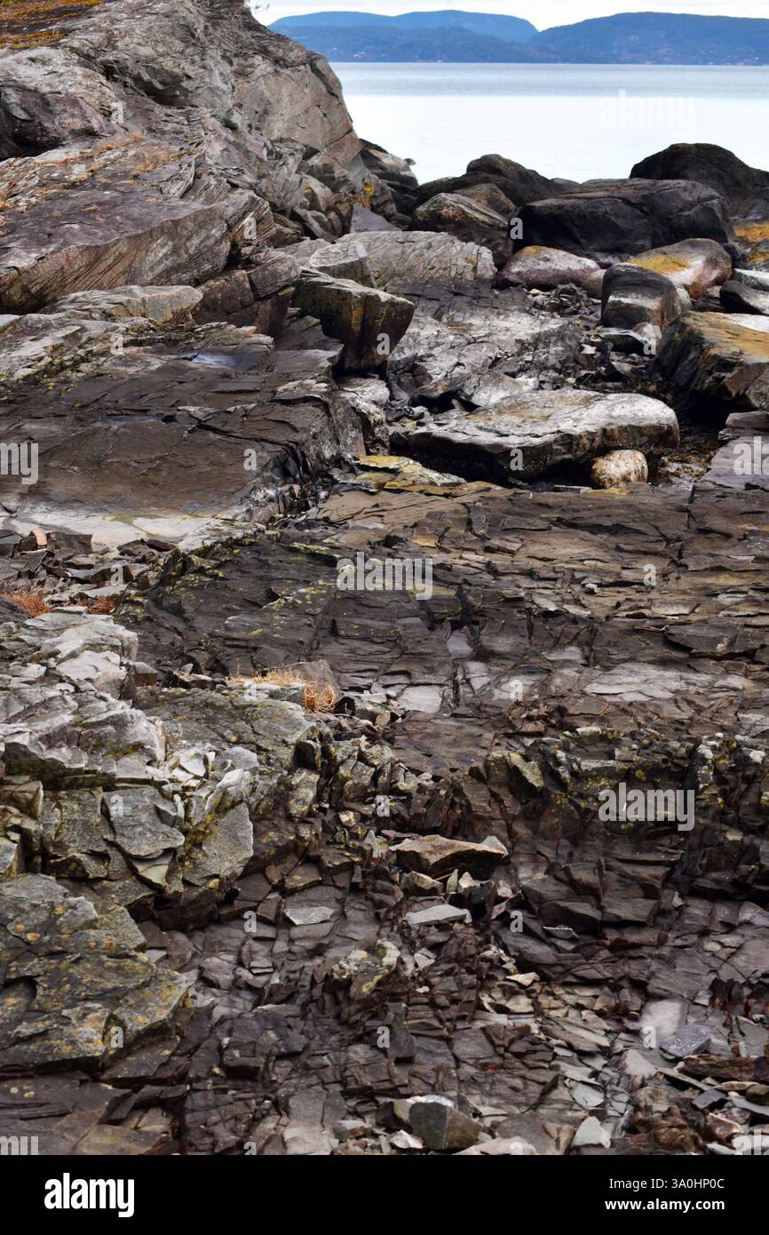 Vertical closeup photo of rugged coast in Horten, Norway. Layers of ...