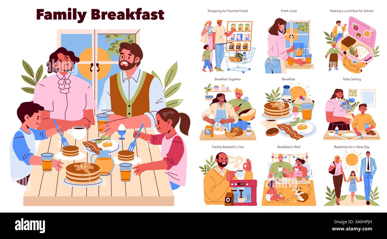 Family breakfast scene. A joyful family enjoying various breakfast ...