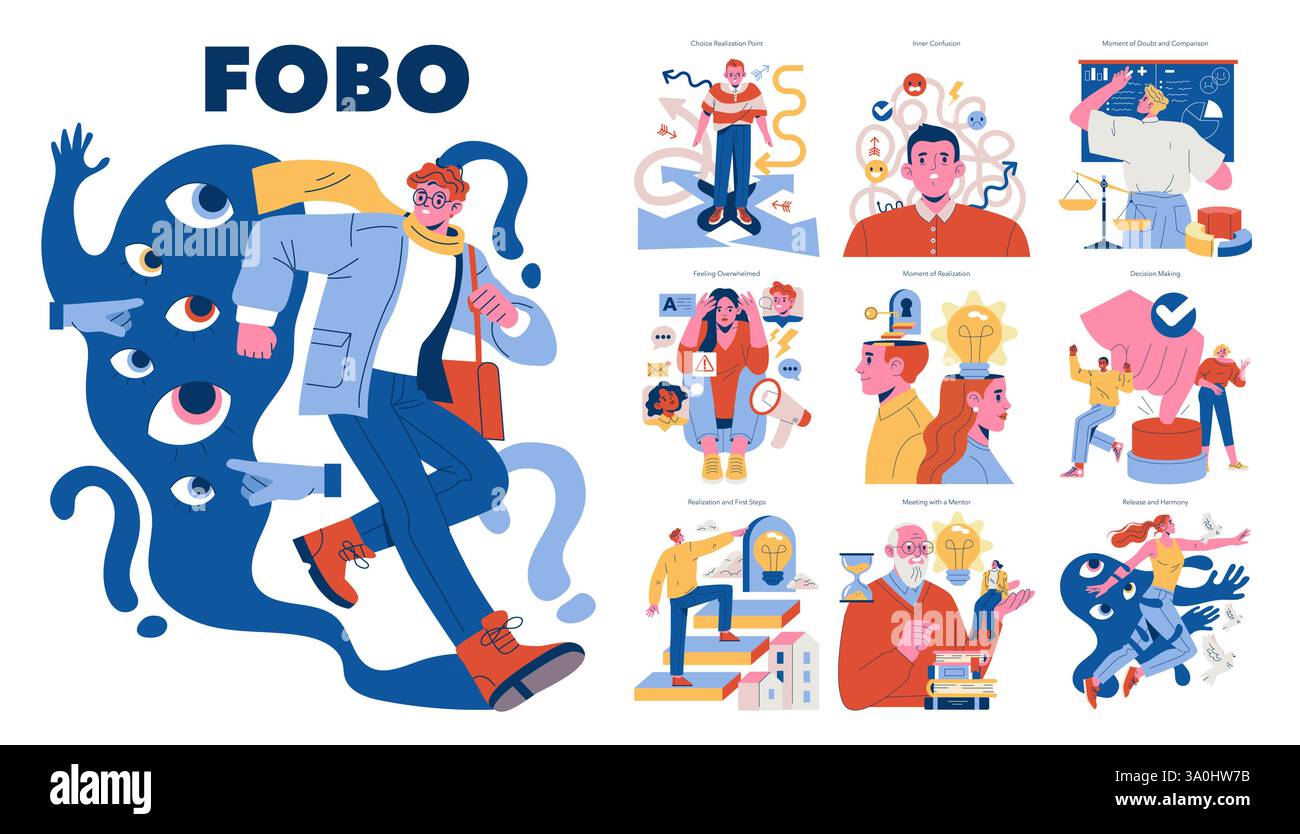 FOBO concept set. Illustration about fear of better options, anxiety ...