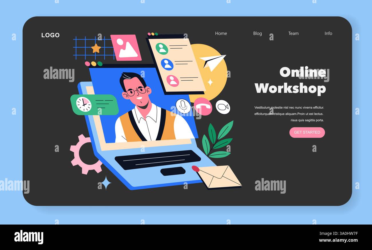 Online workshop illustration featuring a virtual classroom setting ...