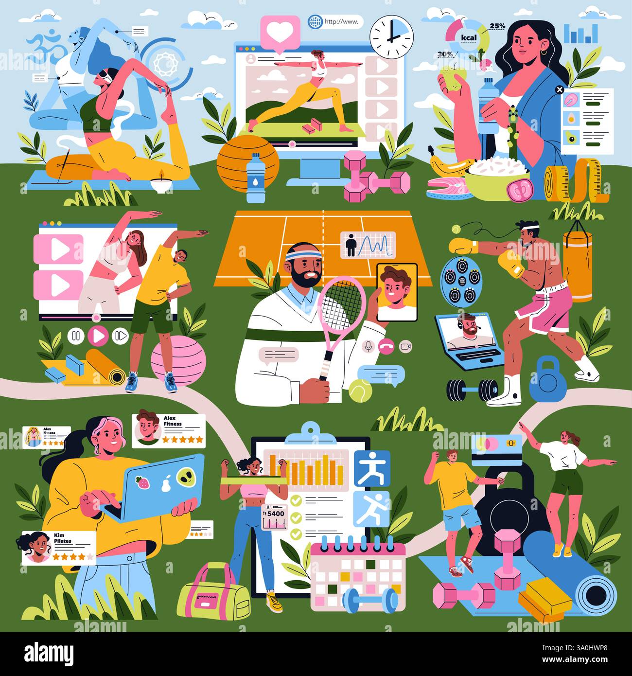 Remote personal training illustration. Online fitness guidance and ...