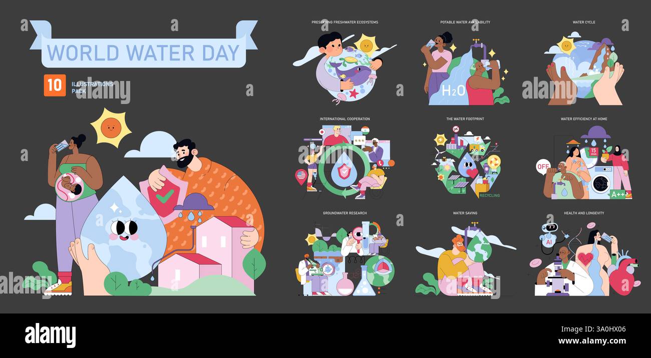 World Water Day illustration set. Celebration of global efforts to ...