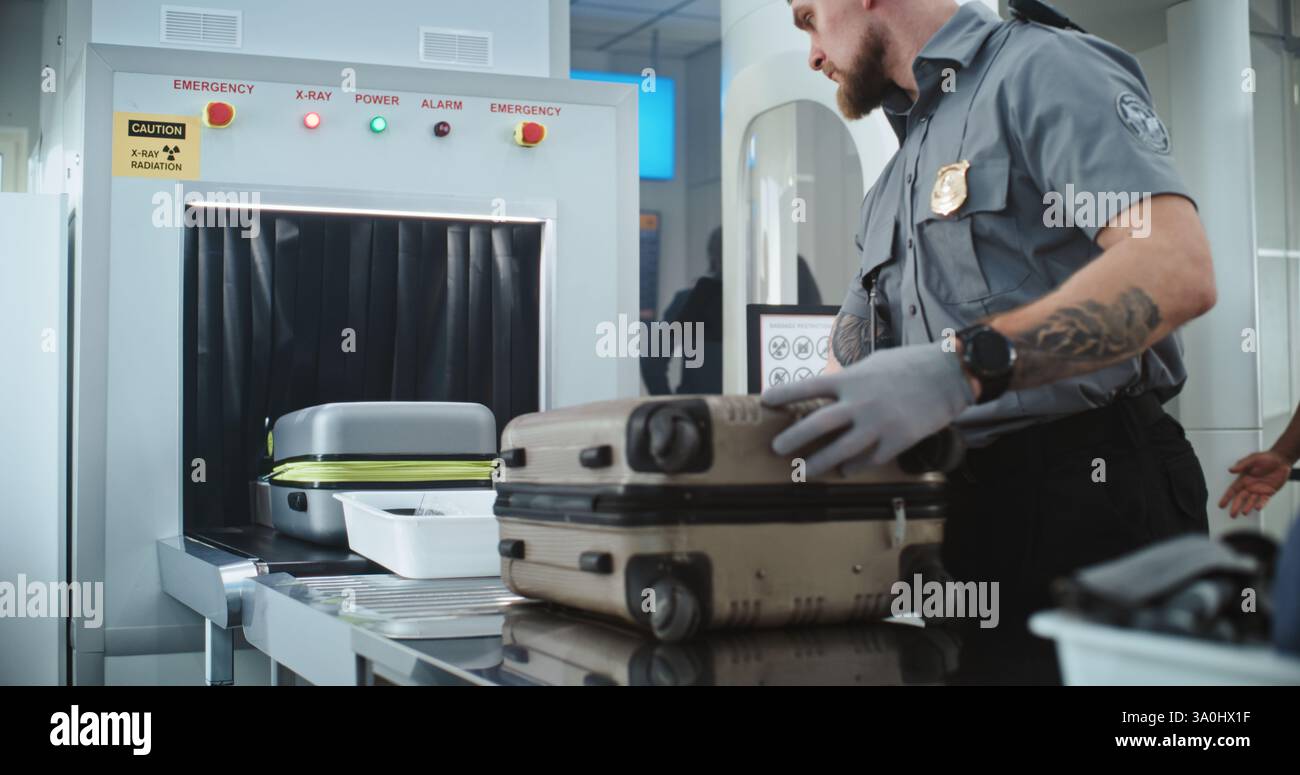 Airport Security Checkpoint: TSA Worker Putting Luggage and Personal ...