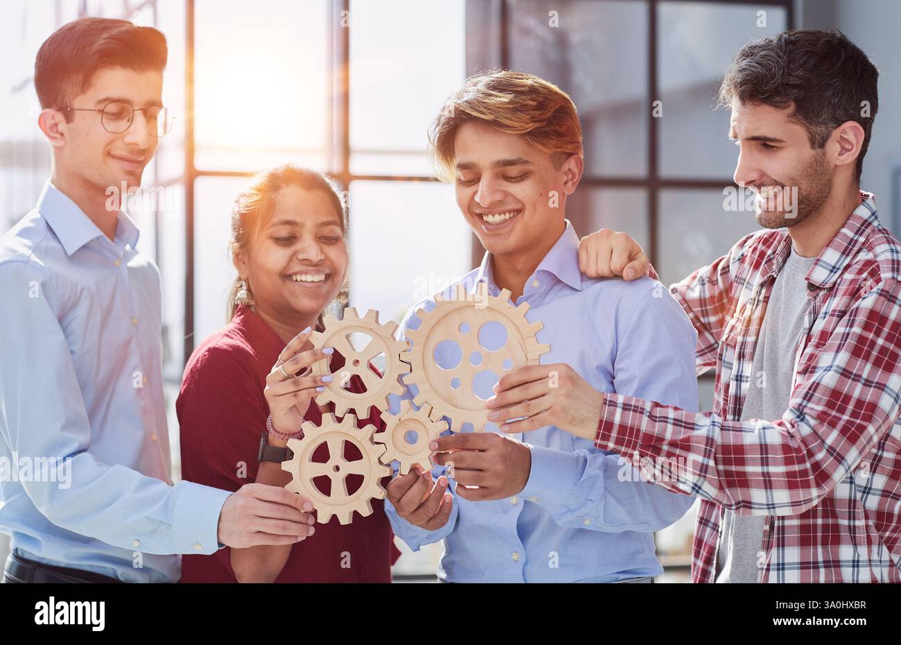 Business team connect pieces of gears. Teamwork, partnership and ...