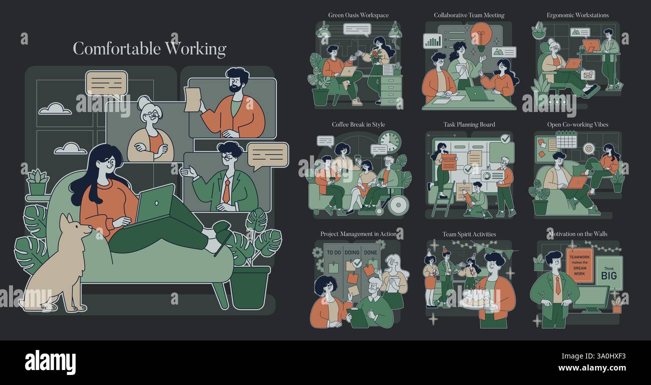 Comfortable Working illustration. A modern workspace promotes ...