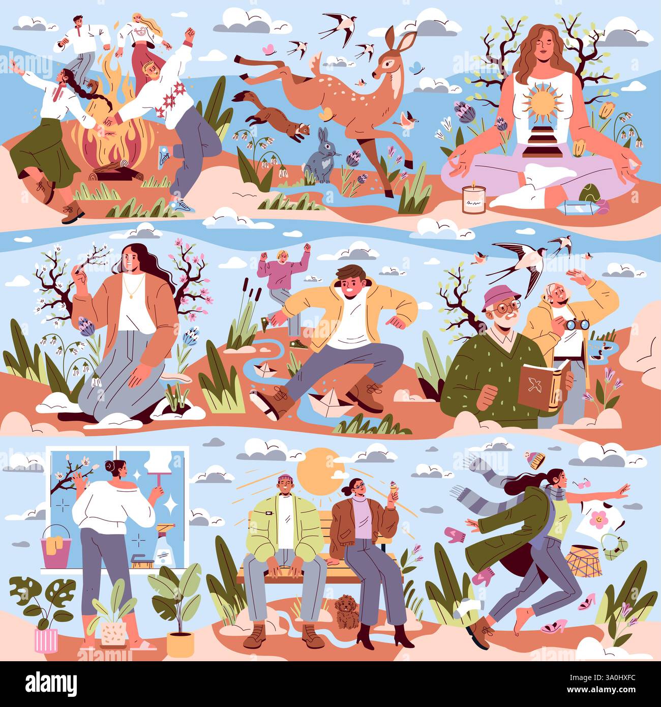 Spring Equinox Day celebration illustrated through lively scenes ...