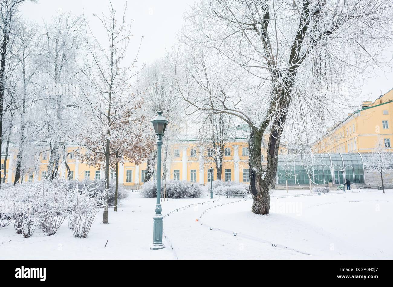A scenic snow-covered park featuring frosted trees, a classic lamppost ...