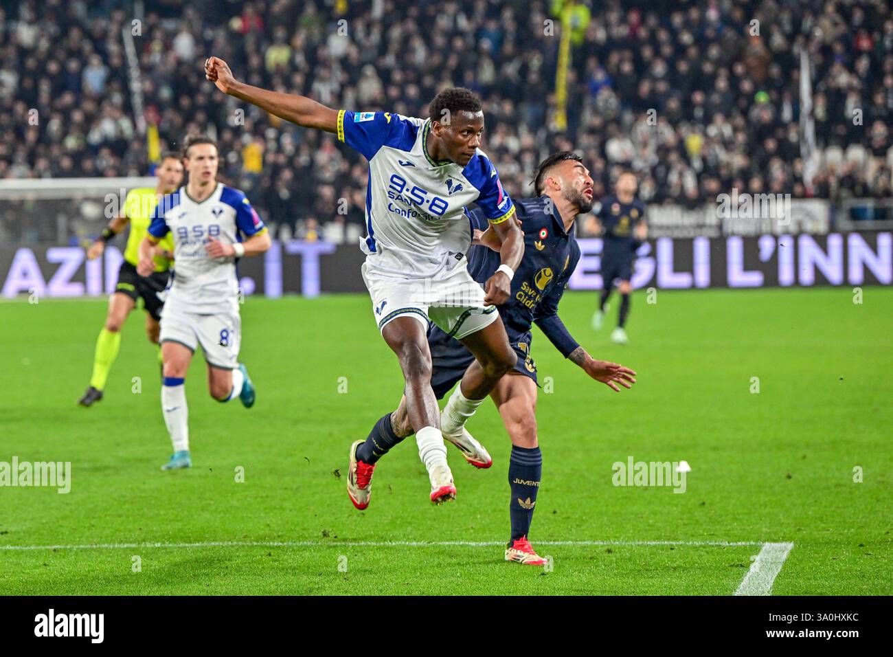 Turin, Italy. 03rd Mar, 2025. Daniel Oyegoke (2) of Verona and Nicolas ...