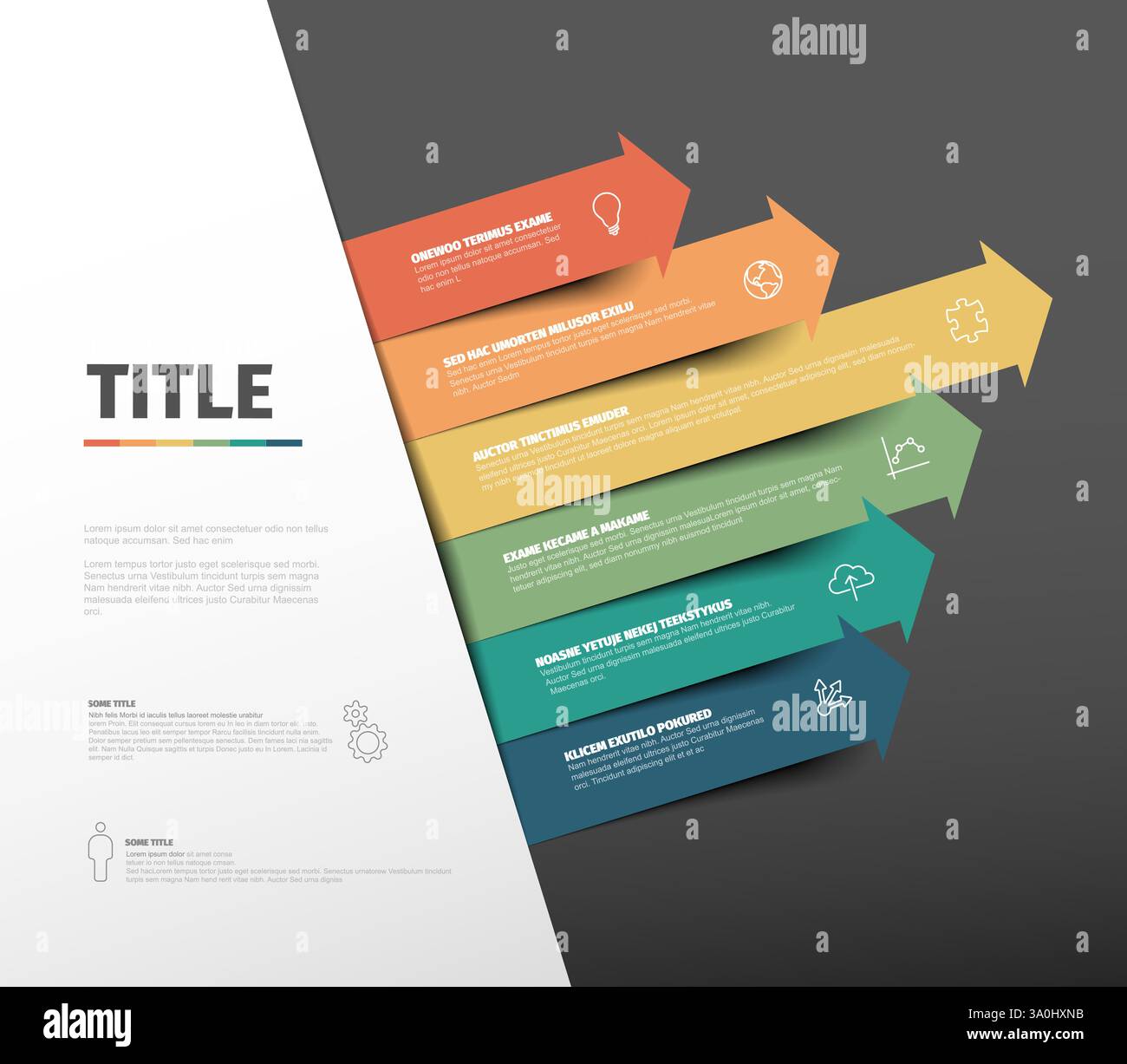 A modern infographic with colorful horizontal arrows, highlighting six ...